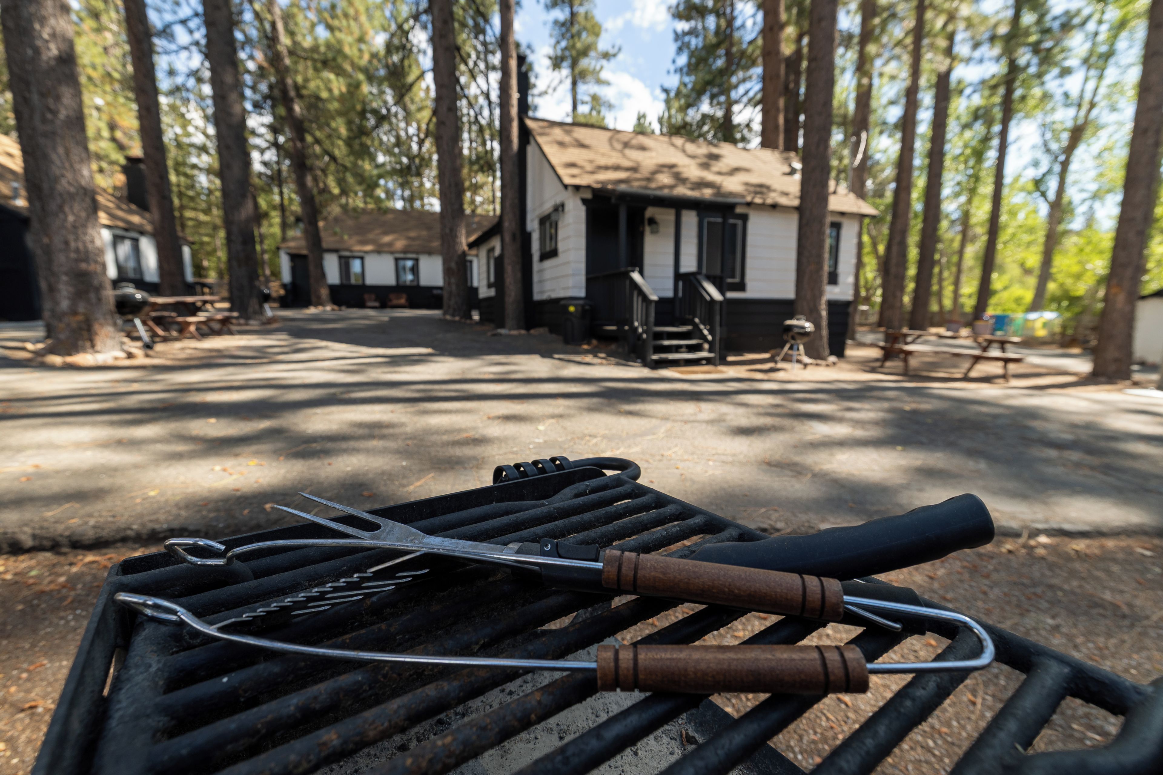 Uma área de camping com churrasqueira em primeiro plano, cercada por árvores e uma pequena cabana ao fundo.