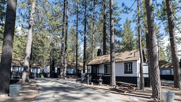 Um parque de campismo com várias cabanas, mesas de piquenique e um céu limpo.