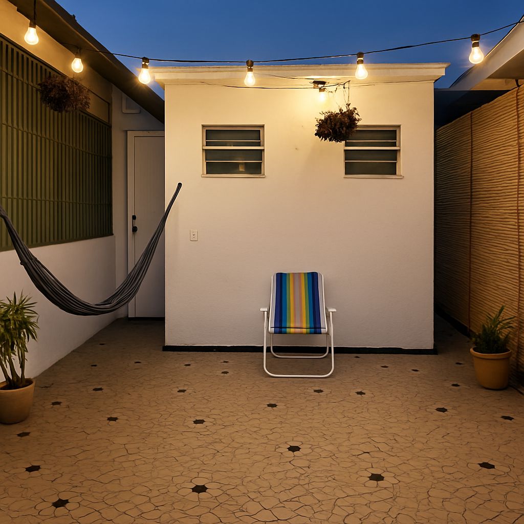 Quarto com rede, cadeira listrada e parede com duas janelas e plantas penduradas.