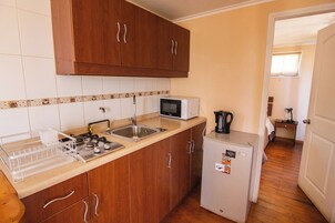 Cozinha compacta com armários de madeira, micro-ondas, pia e pequena geladeira.