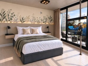 Quarto de hotel moderno com cama grande, TV na parede e varanda com vista para a cidade.