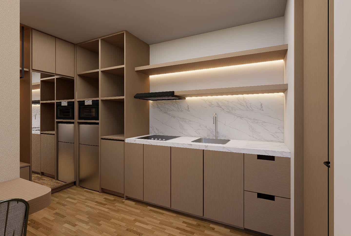 Cozinha moderna com armários embutidos, bancada de mármore e pia de aço inoxidável.