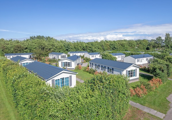 Um conjunto de casas móveis modernas, térreas, com grandes janelas e telhados planos, rodeado por vegetação densa e árvores.