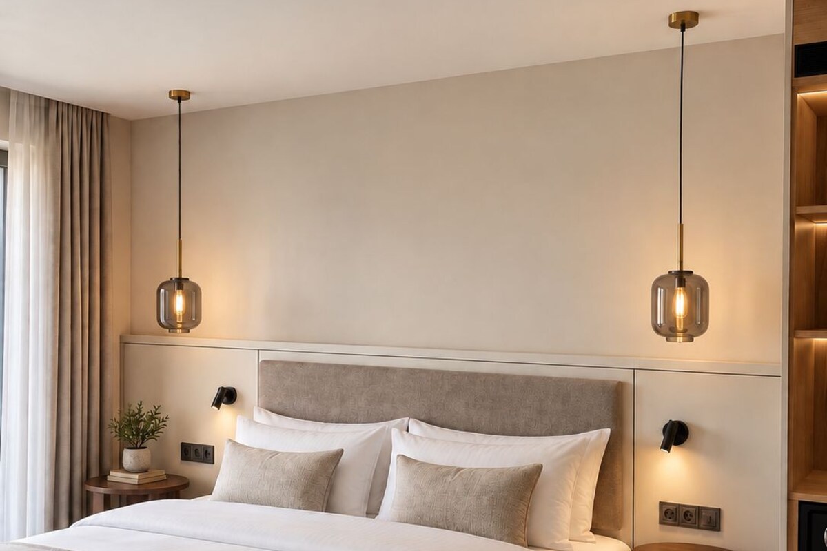Quarto de hotel moderno com uma cama grande, mesas de cabeceira e iluminação pendente.
