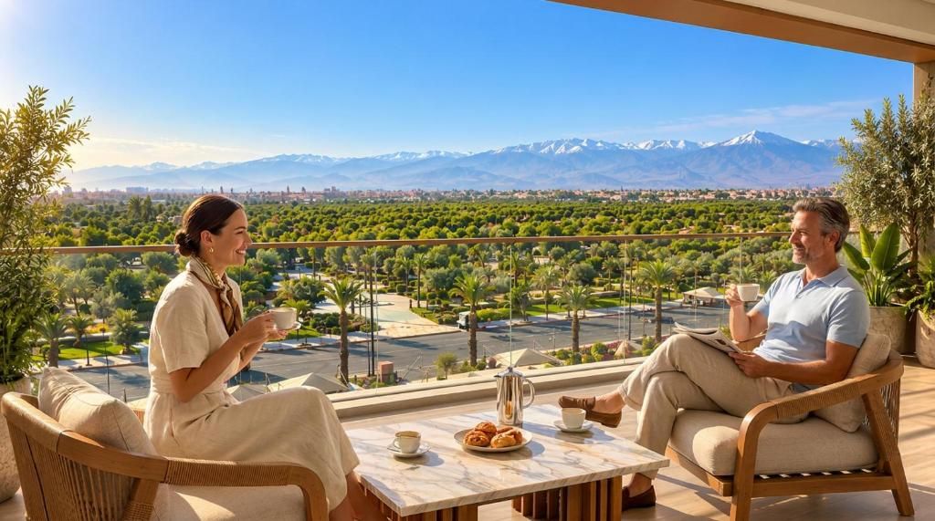 Uma varanda com vista para a cidade e montanhas, duas pessoas sentadas à mesa com café e doces.