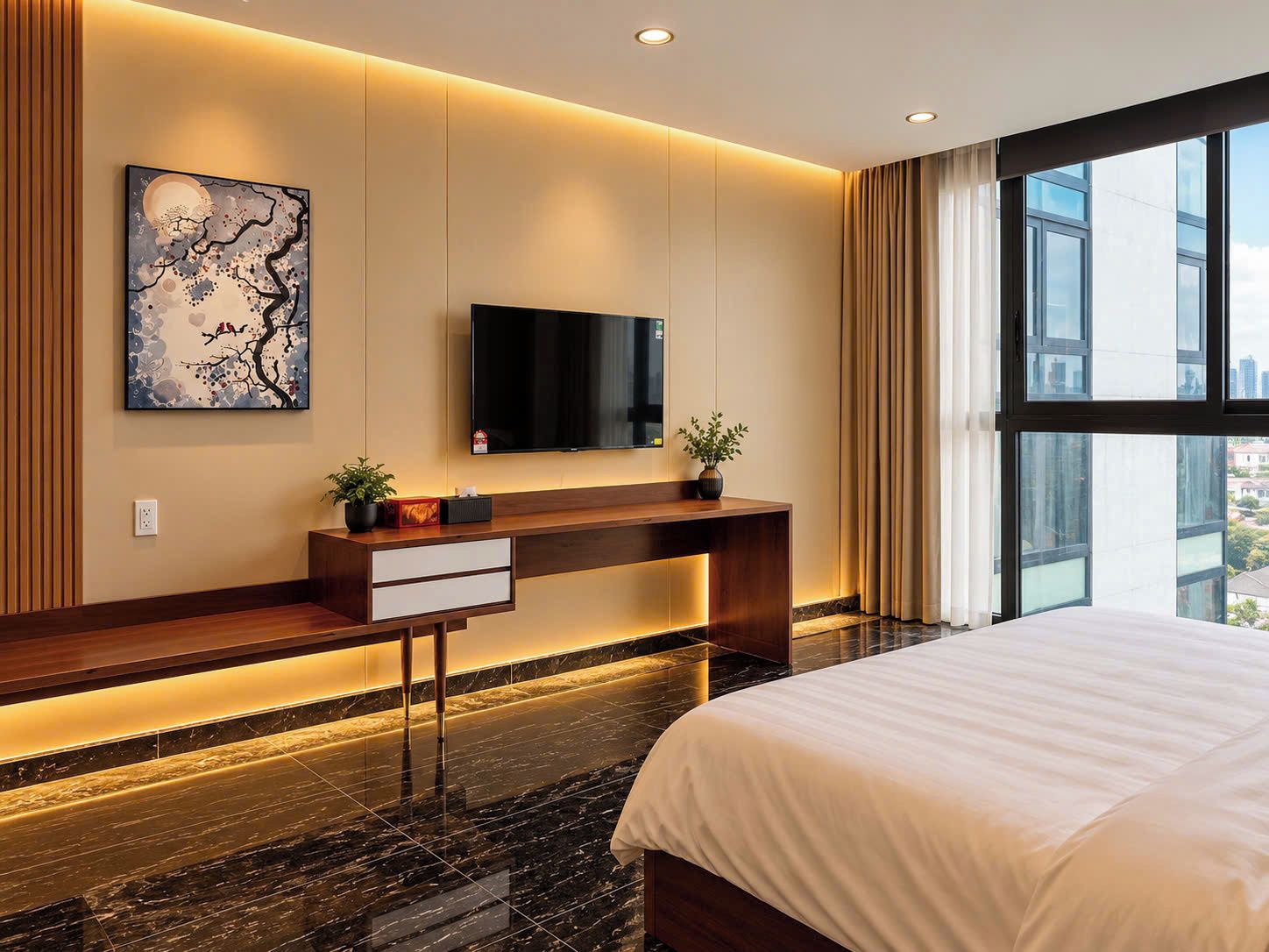 Quarto de hotel moderno com uma cama grande, televisão de tela plana na parede, escrivaninha com gavetas, planta em vaso e vista para a cidade através de amplas janelas.