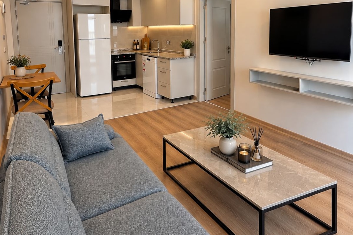 Uma sala de estar moderna com um sofá cinzento, uma mesa de centro e uma televisão de tela plana fixada na parede.