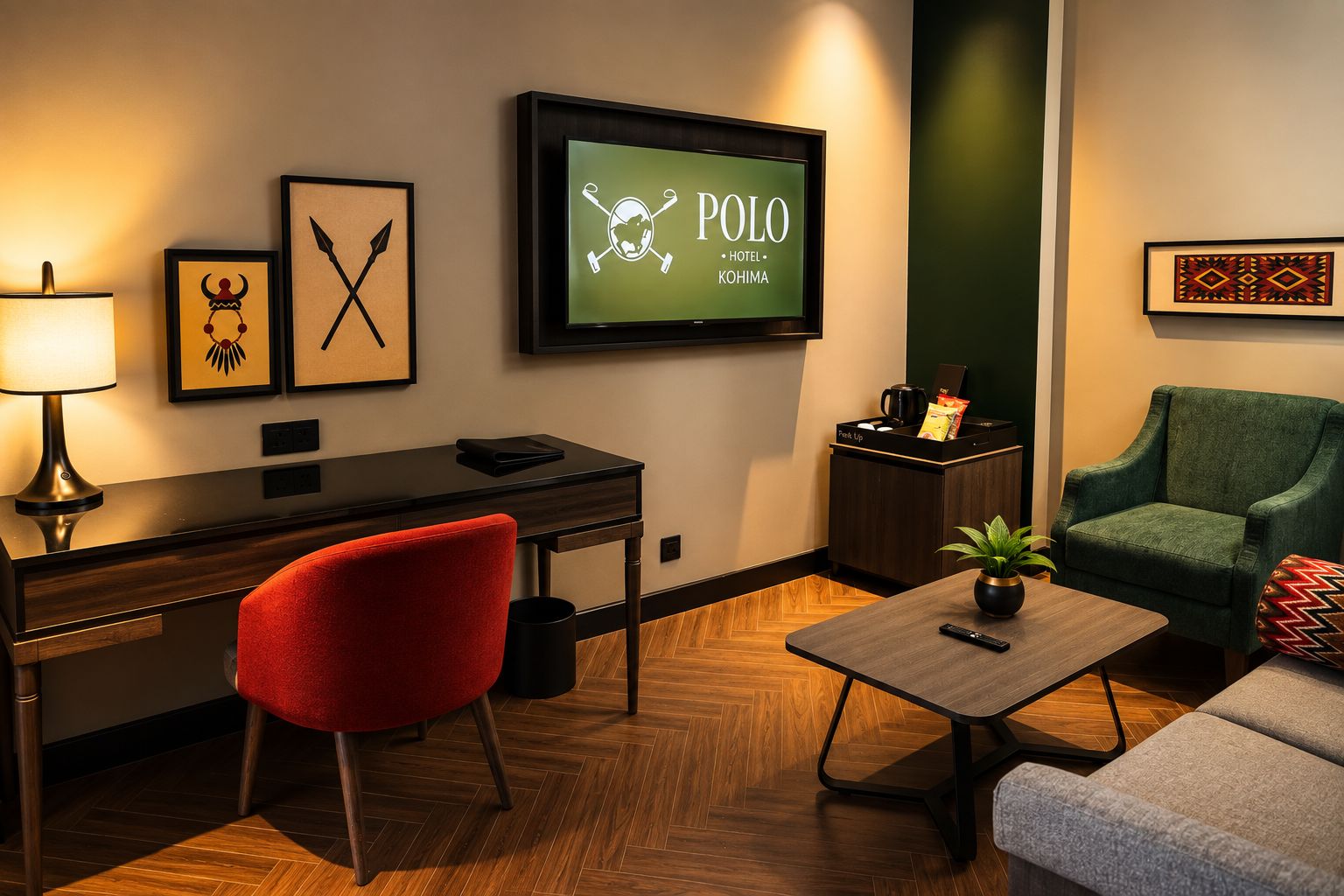 Quarto de hotel com escrivaninha, uma cadeira vermelha, uma poltrona verde, uma mesinha com uma planta e uma televisão exibindo 'POLO HOTEL KOHIMA'.