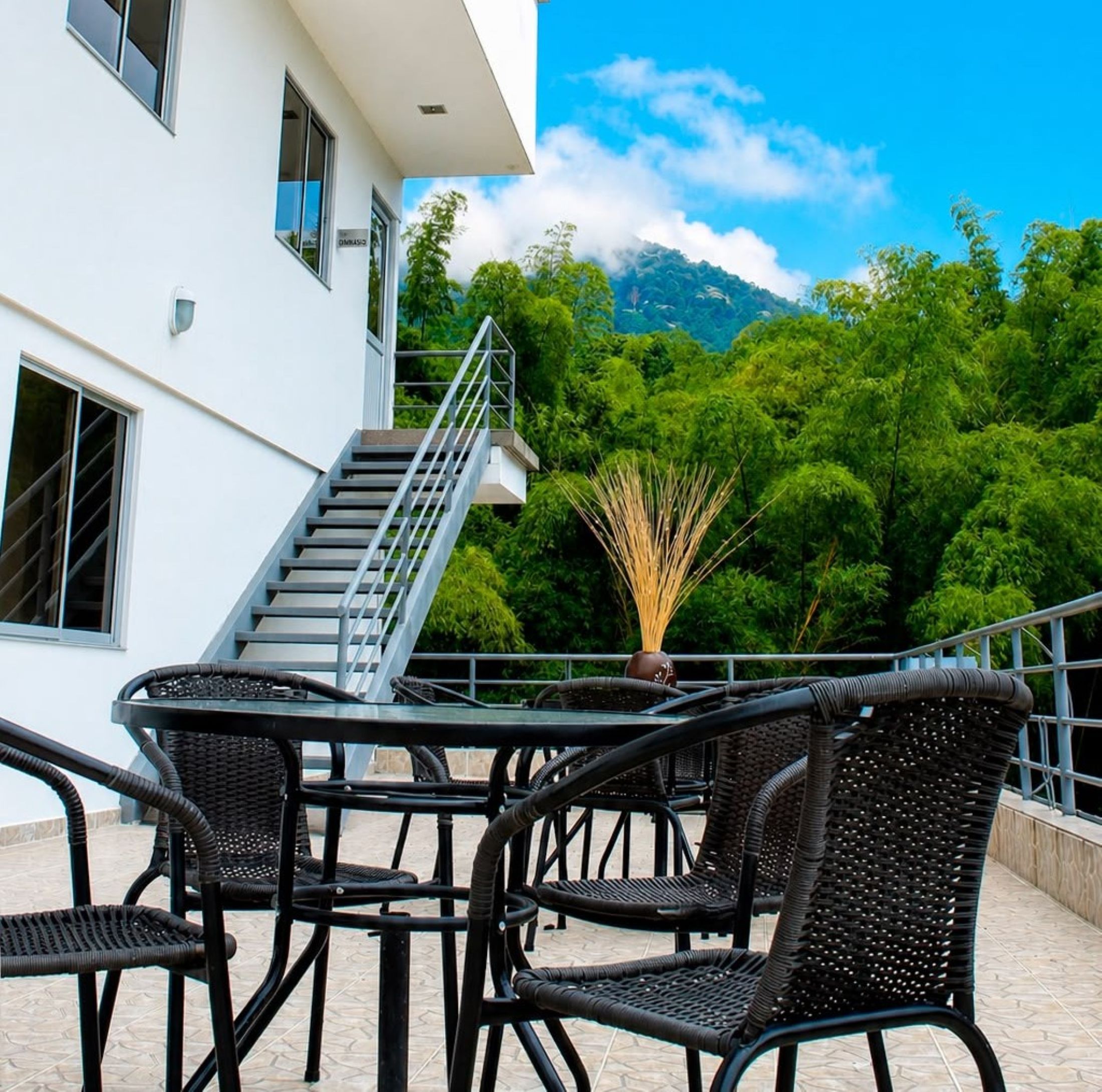 Terraço com mobiliário externo, escadaria e vista para uma montanha e floresta.