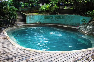 Piscina com deck de madeira, cercada por vegetação e um muro com grafites.