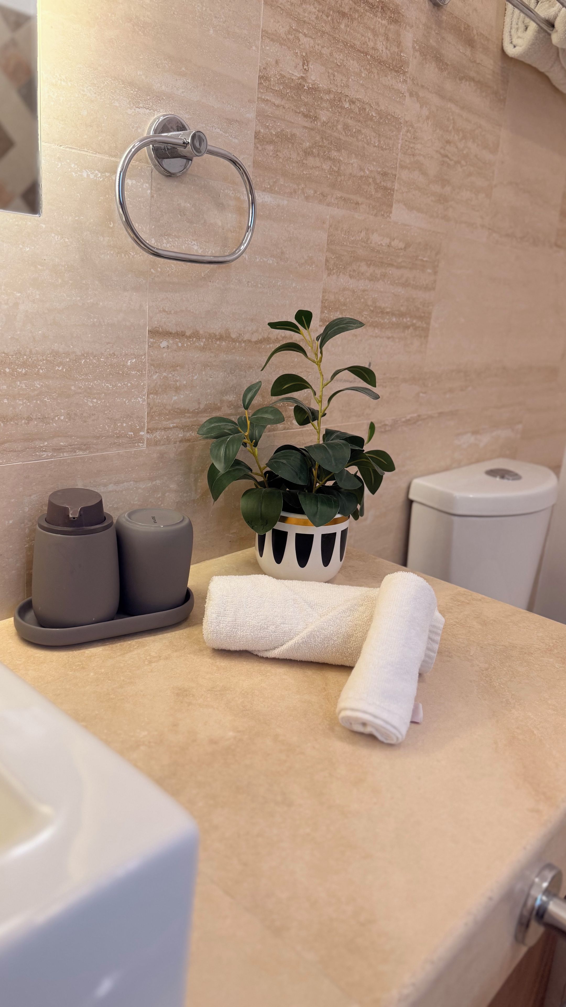 Um banheiro com toalha, um vaso de planta e dois recipientes cilíndricos no balcão.