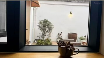 Janela com vista para um pátio, uma pequena árvore e um vaso decorativo no parapeito.
