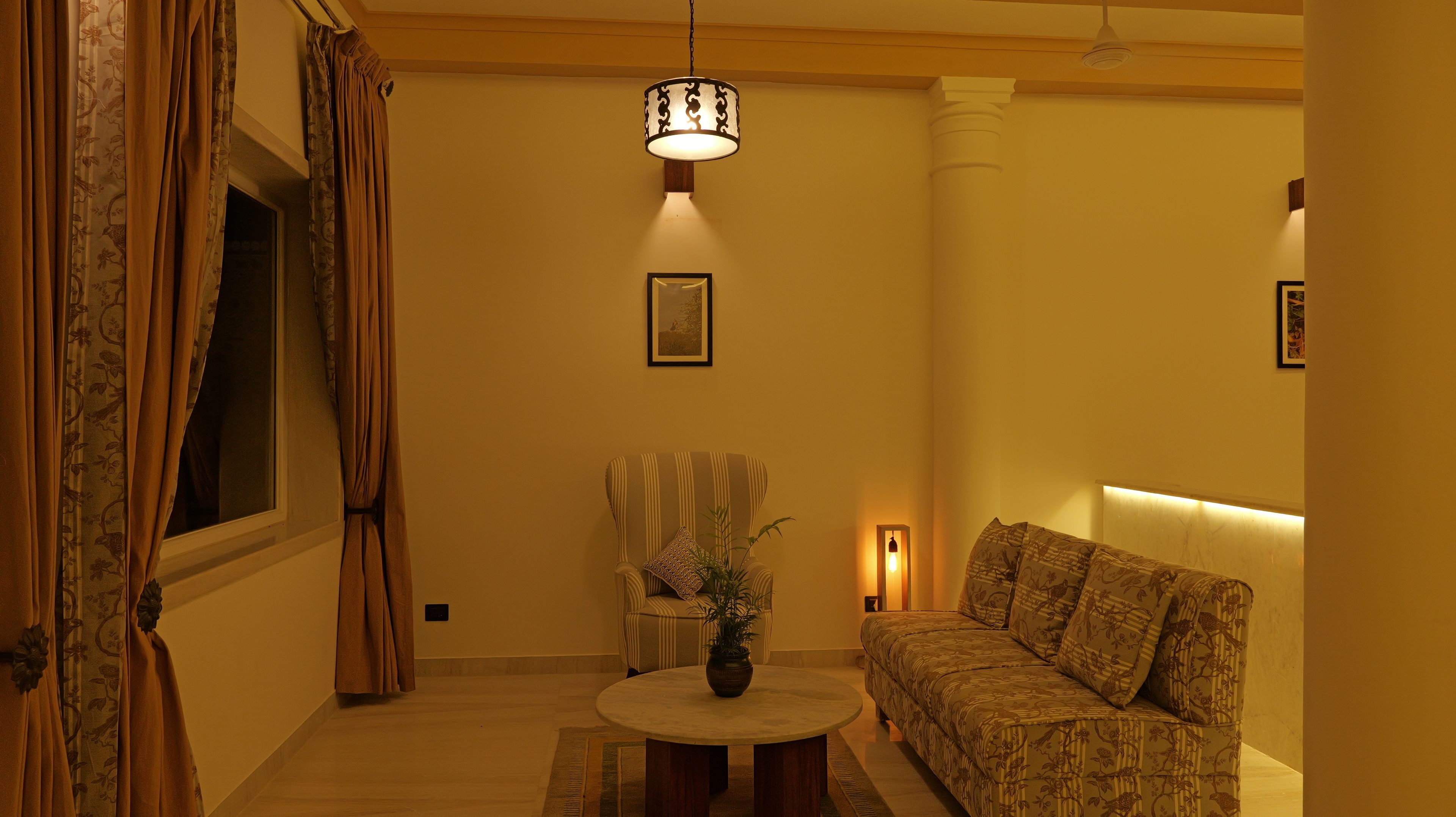 Sala de estar com sofá, uma poltrona, mesa com planta e luminária pendente.