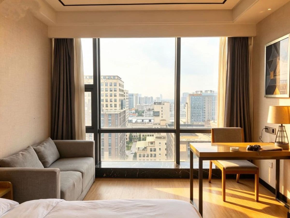 Quarto de hotel com uma janela grande, um sofá, uma escrivaninha e uma cama.