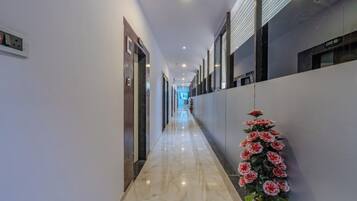 Um corredor com piso de mármore, portas à esquerda e um vaso de planta à direita.