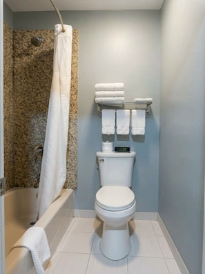 Casa de banho com chuveiro, sanita e porta-toalhas.