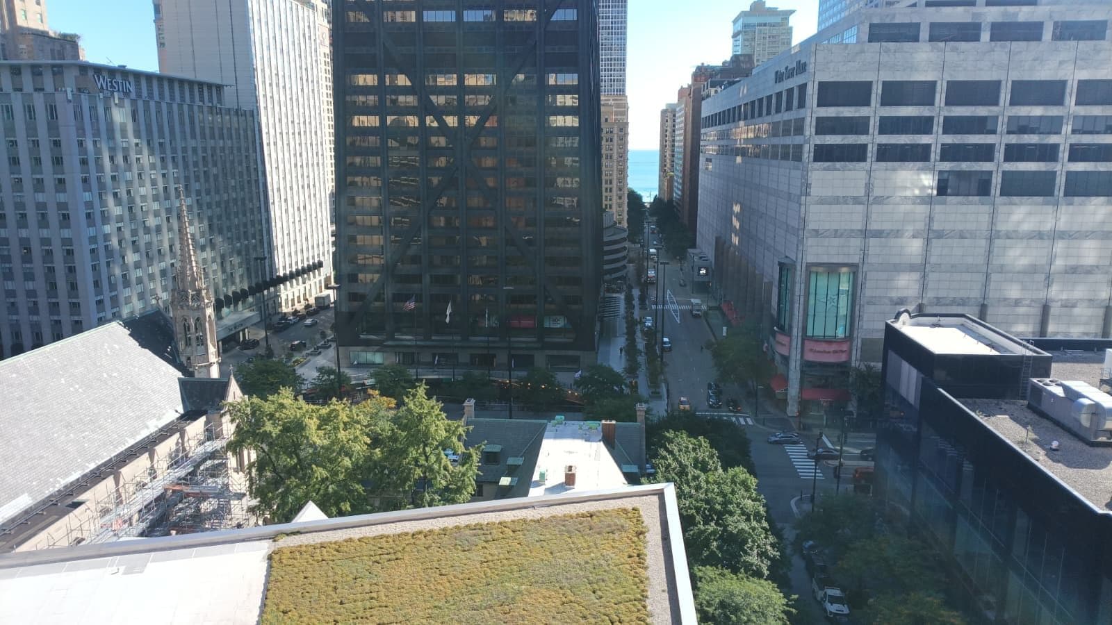 Um edifício alto com fachada de vidro moderna, cercado por outros edifícios imponentes, e uma rua com veículos e árvores.