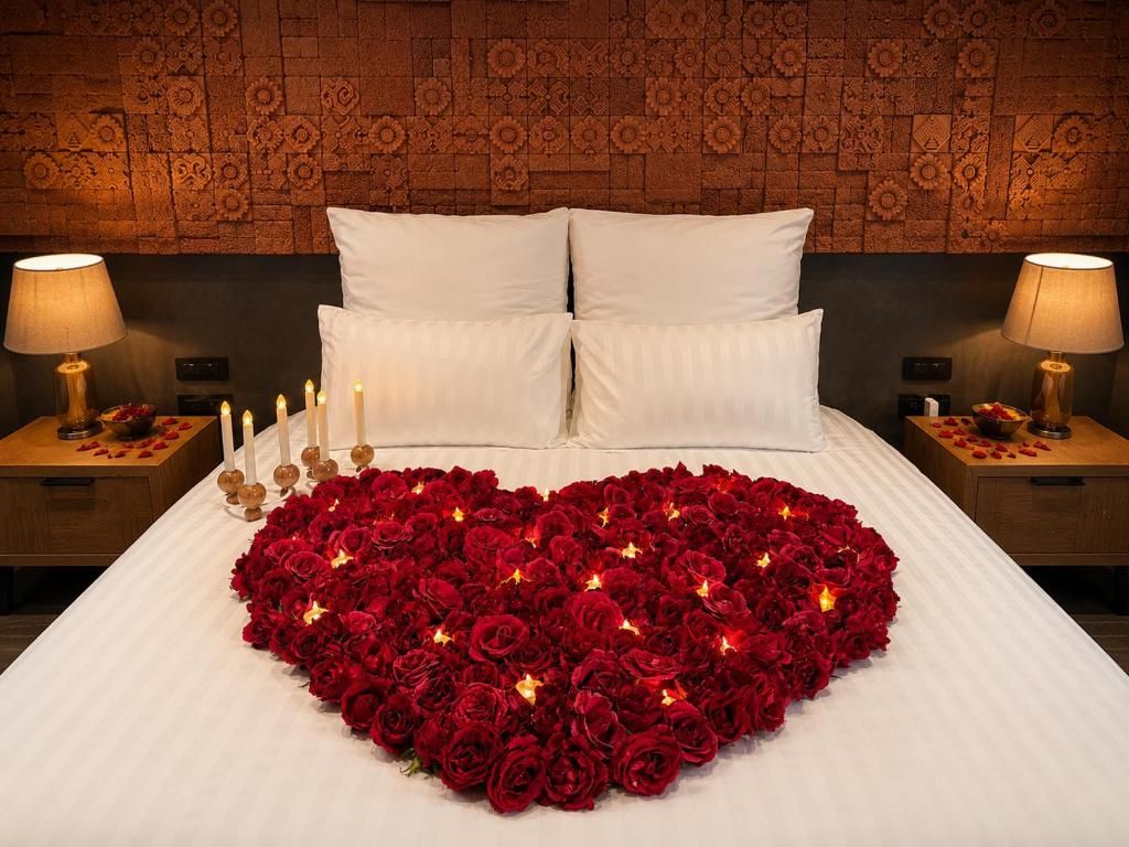Cama com lençóis brancos, arranjo de rosas vermelhas em formato de coração e duas mesas de cabeceira com abajures.