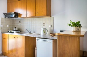 Cozinha compacta com armários de madeira, máquina de lavar louça Bosch, chaleira e um vaso com planta.