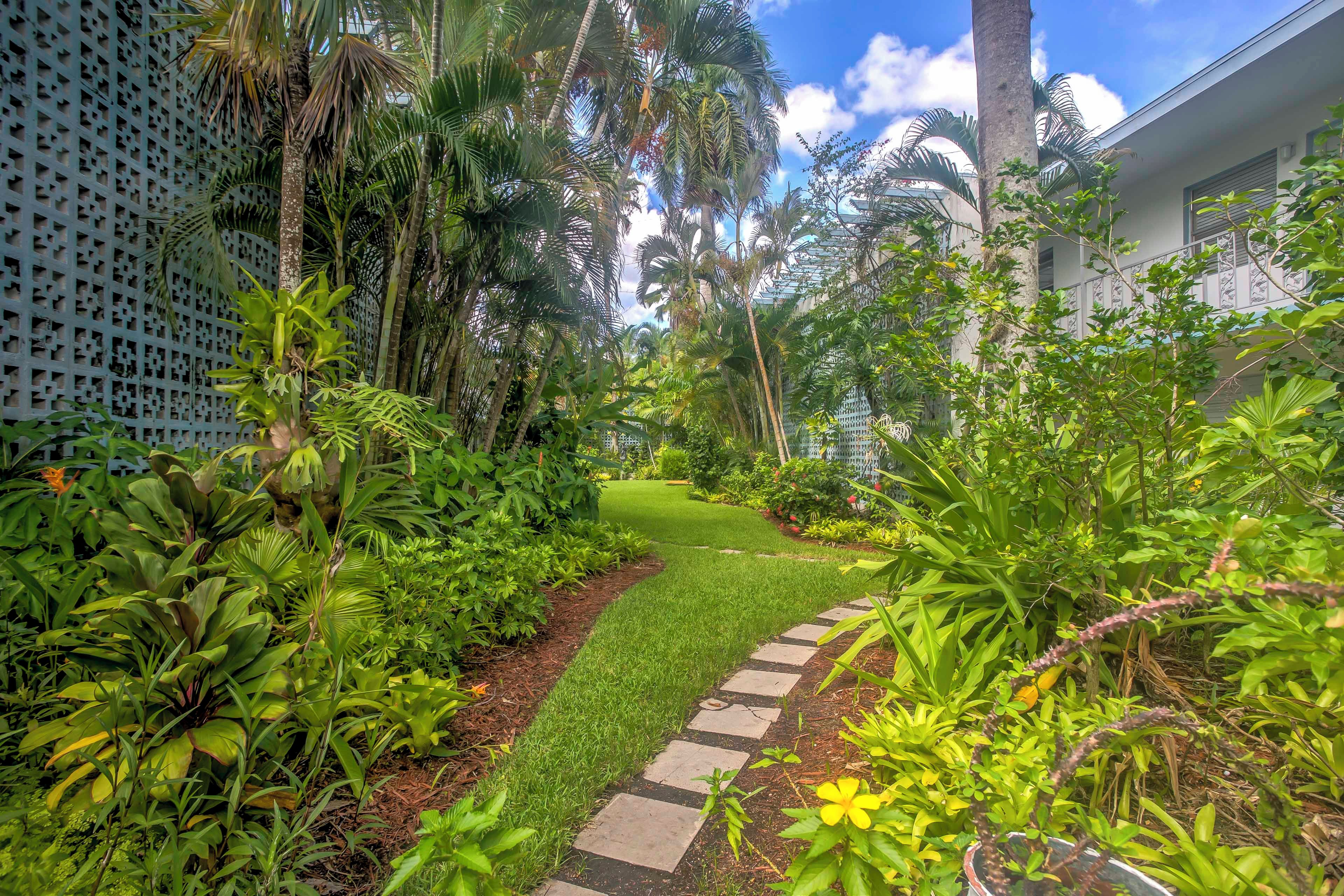 Um jardim exuberante com um caminho de pedra que leva a uma área gramada, cercado por diversas plantas tropicais e um muro treliçado.