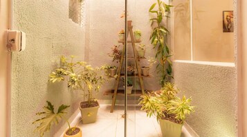 Casa de banho com divisória de vidro, estante de madeira com plantas em vasos e suporte de toalhas fixado na parede.