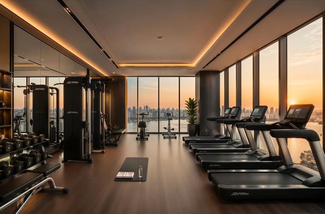 Uma academia com esteiras, aparelhos de musculação e halteres, com vista para a cidade por grandes janelas.