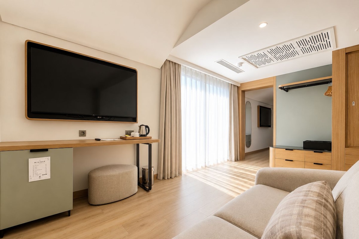 Quarto de hotel moderno com televisão de tela plana, pequena cozinha, área de estar com sofá e closet espaçoso.