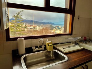 Cozinha com pia de aço inoxidável, janela com vista para paisagem urbana e montanhas, e escorredor de louça.
