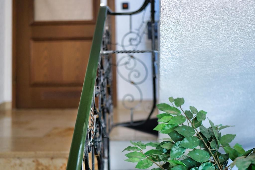 Escadaria com corrimão de metal e um vaso de planta.
