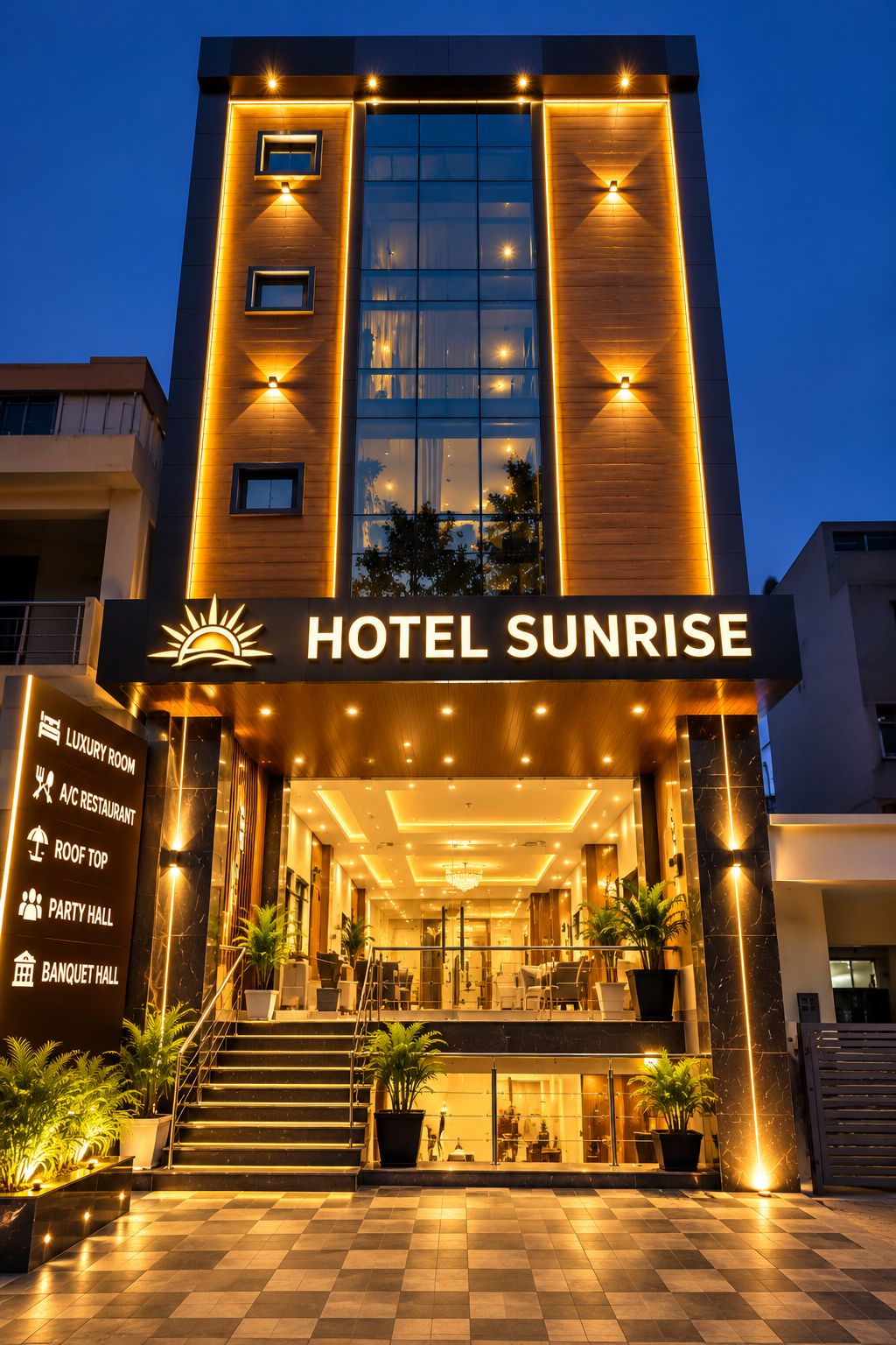 Entrada de hotel com uma placa indicando 'HOTEL SUNRISE'.