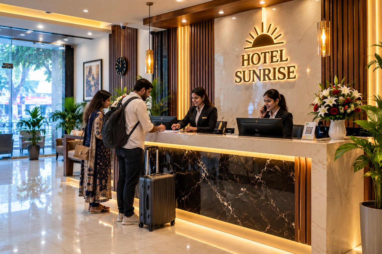 Balcão de recepção de hotel com bancada de mármore, um relógio e uma placa com a inscrição 'HOTEL SUNRISE'.