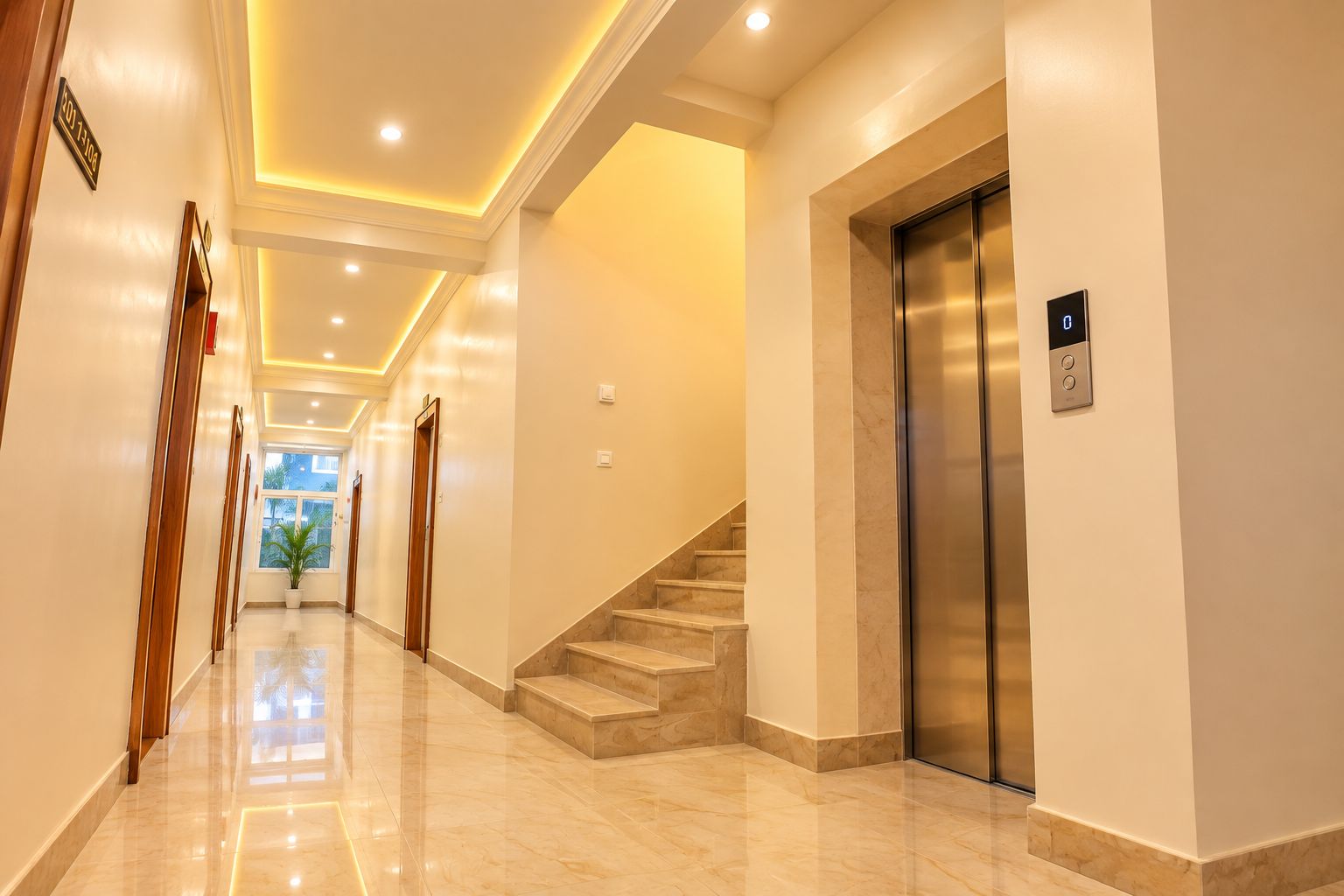 Corredor de hotel com piso de mármore, portas de madeira e um elevador moderno.