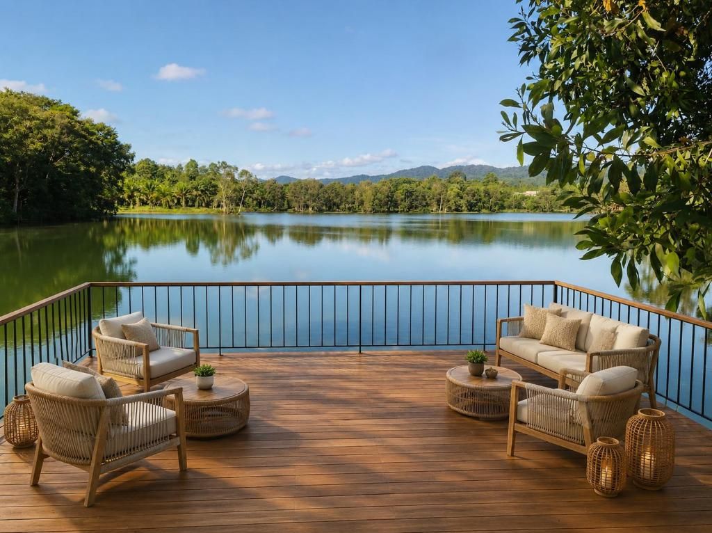 Um deck de madeira com móveis de vime e vista para um lago e montanhas.