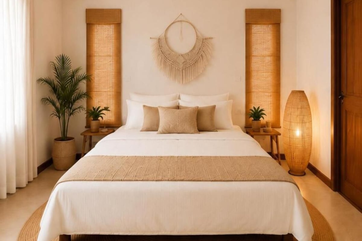 Quarto de hotel com uma cama grande, duas mesinhas de cabeceira, uma decoração de macramé fixada na parede e um abajur de chão.