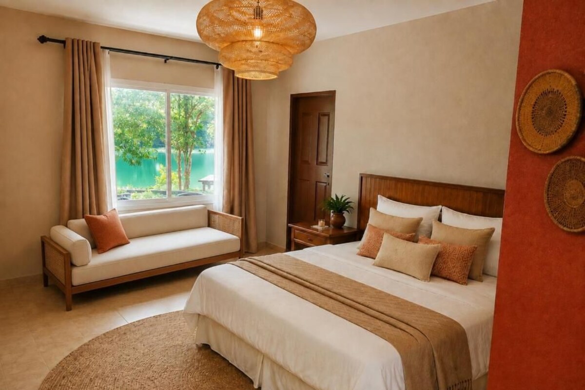 Quarto com cama, sofá, janela com cortinas, mesa de cabeceira e luminária pendente.