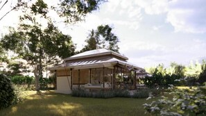 Uma casa moderna com um alpendre coberto, cercada por vegetação exuberante.