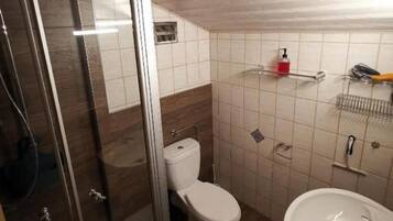 Casa de banho com cabine de chuveiro em vidro, sanita e lavatório.