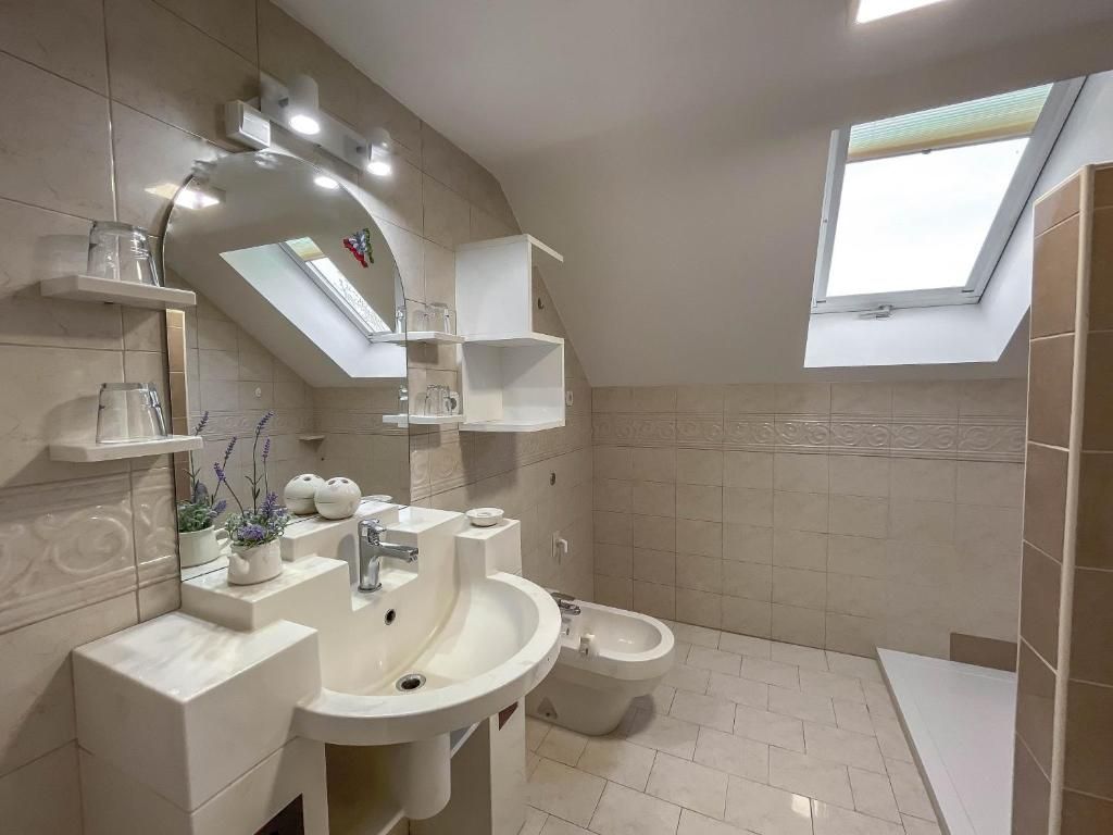 Uma casa de banho moderna com claraboia, um espelho grande e uma sanita.