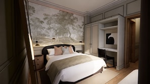 Quarto com cama grande, mesa de cabeceira, escrivaninha e guarda-roupa.