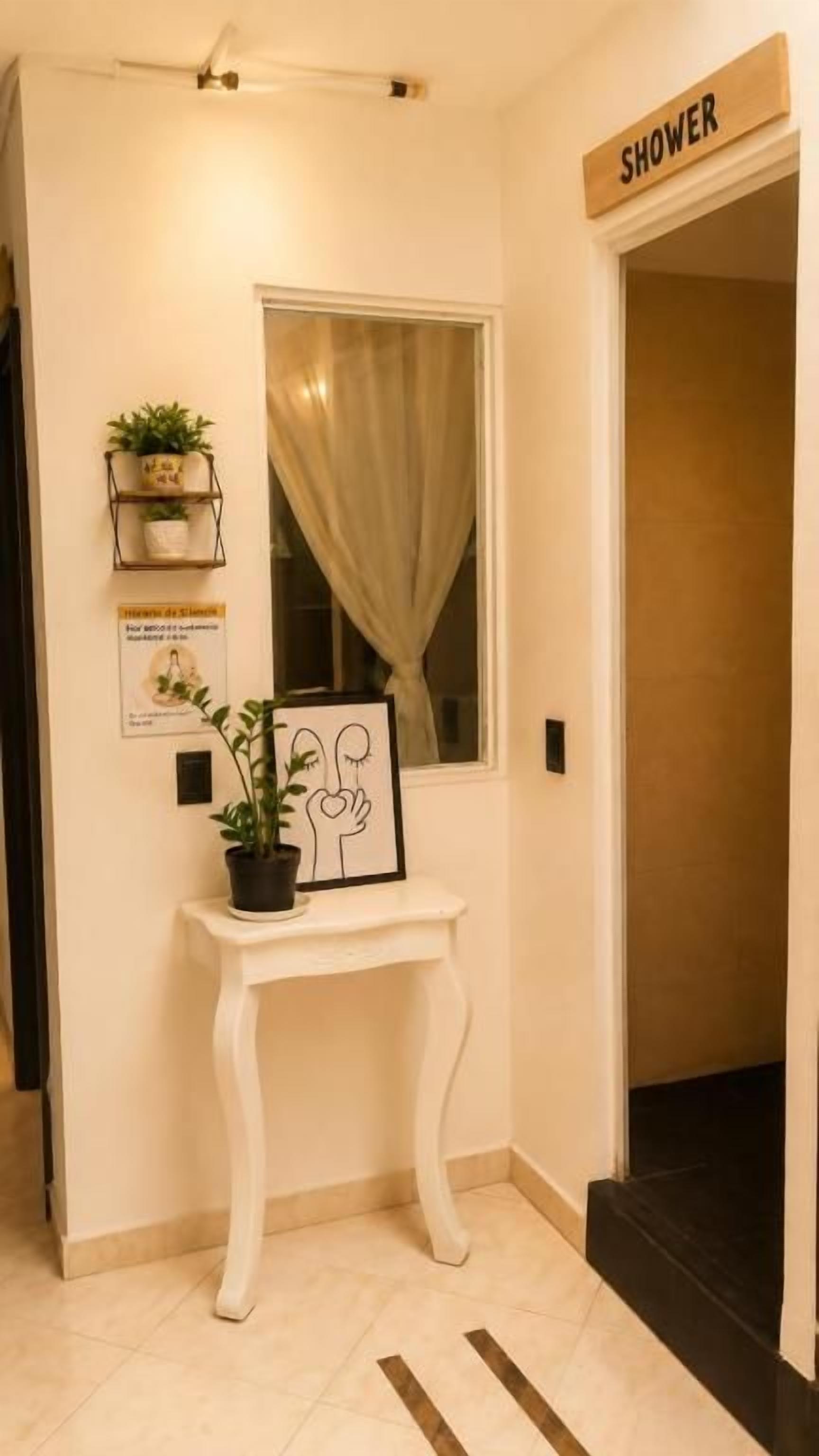 Corredor com mesa consola branca, quadro emoldurado, planta em vaso, janela com cortina e placa indicando chuveiro.