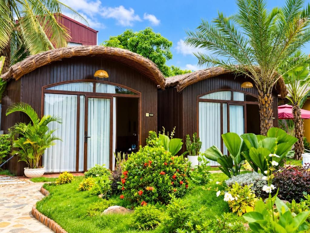 Duas casas de campo com telhados de palha e grandes janelas, rodeadas por vegetação exuberante e plantas tropicais.