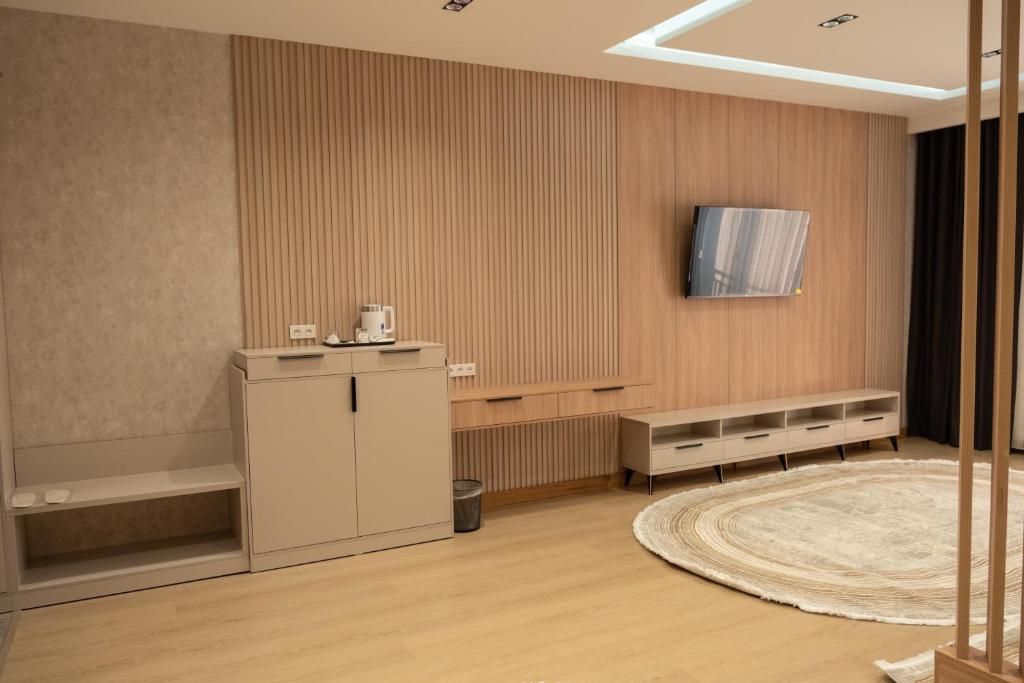 Uma sala de estar moderna com uma TV de tela plana na parede, um armário embutido, um tapete redondo e um radiador.