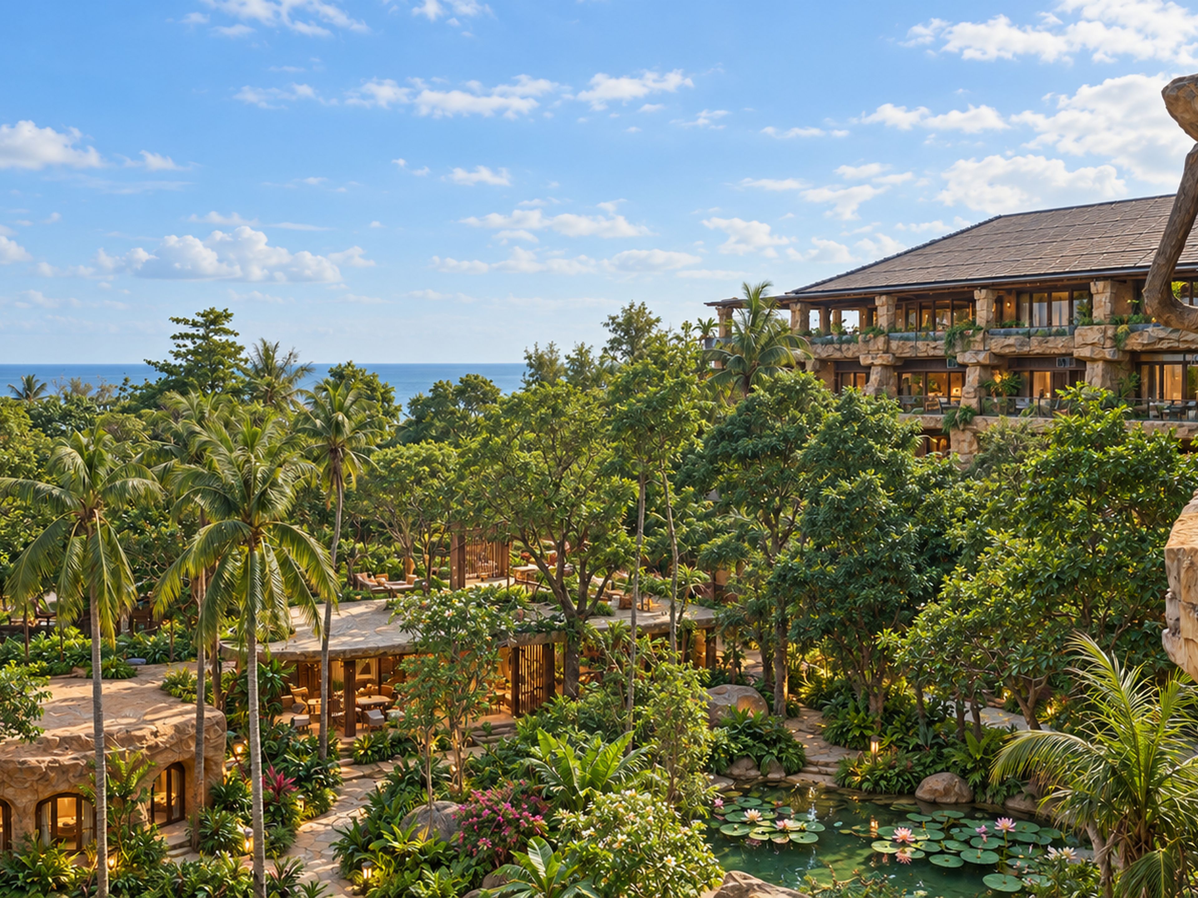 Resort com piscina cercada por vegetação tropical e vista para o oceano.