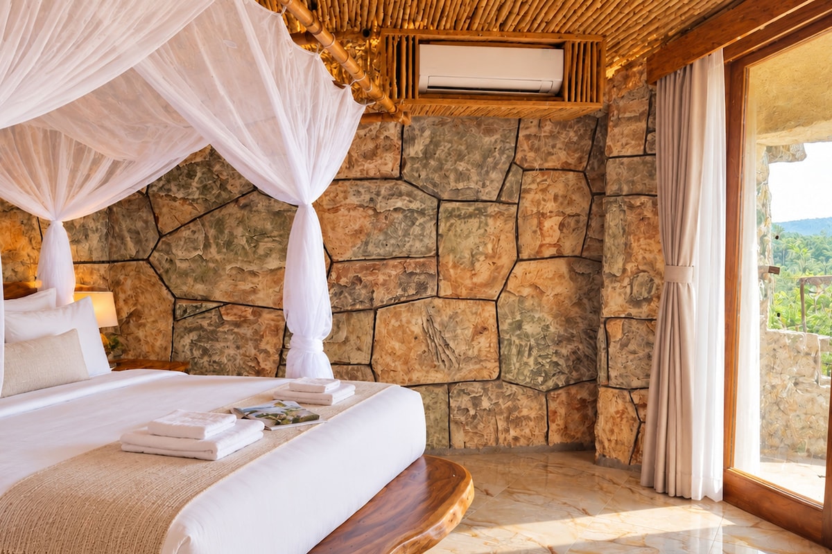 Quarto com parede de pedra, cama com dossel e vista para o exterior.