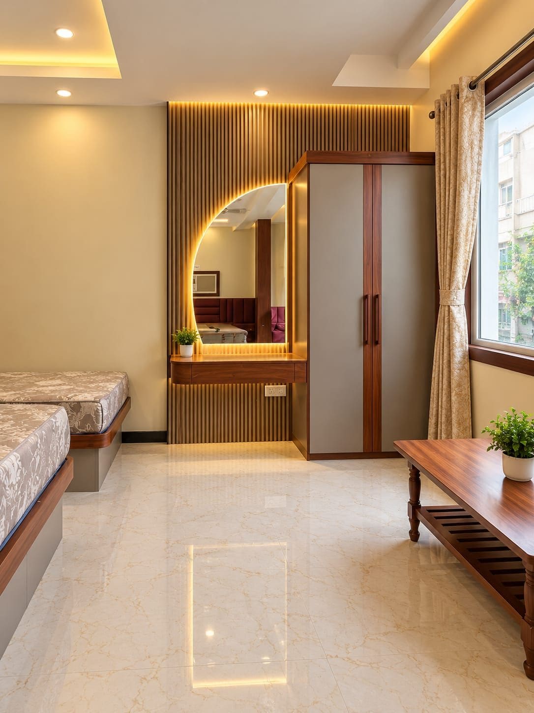 Quarto de hotel com cama, escrivaninha, espelho e guarda-roupa.