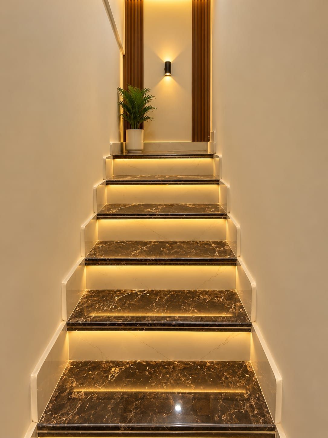 Escadaria com degraus de mármore e iluminação por baixo.