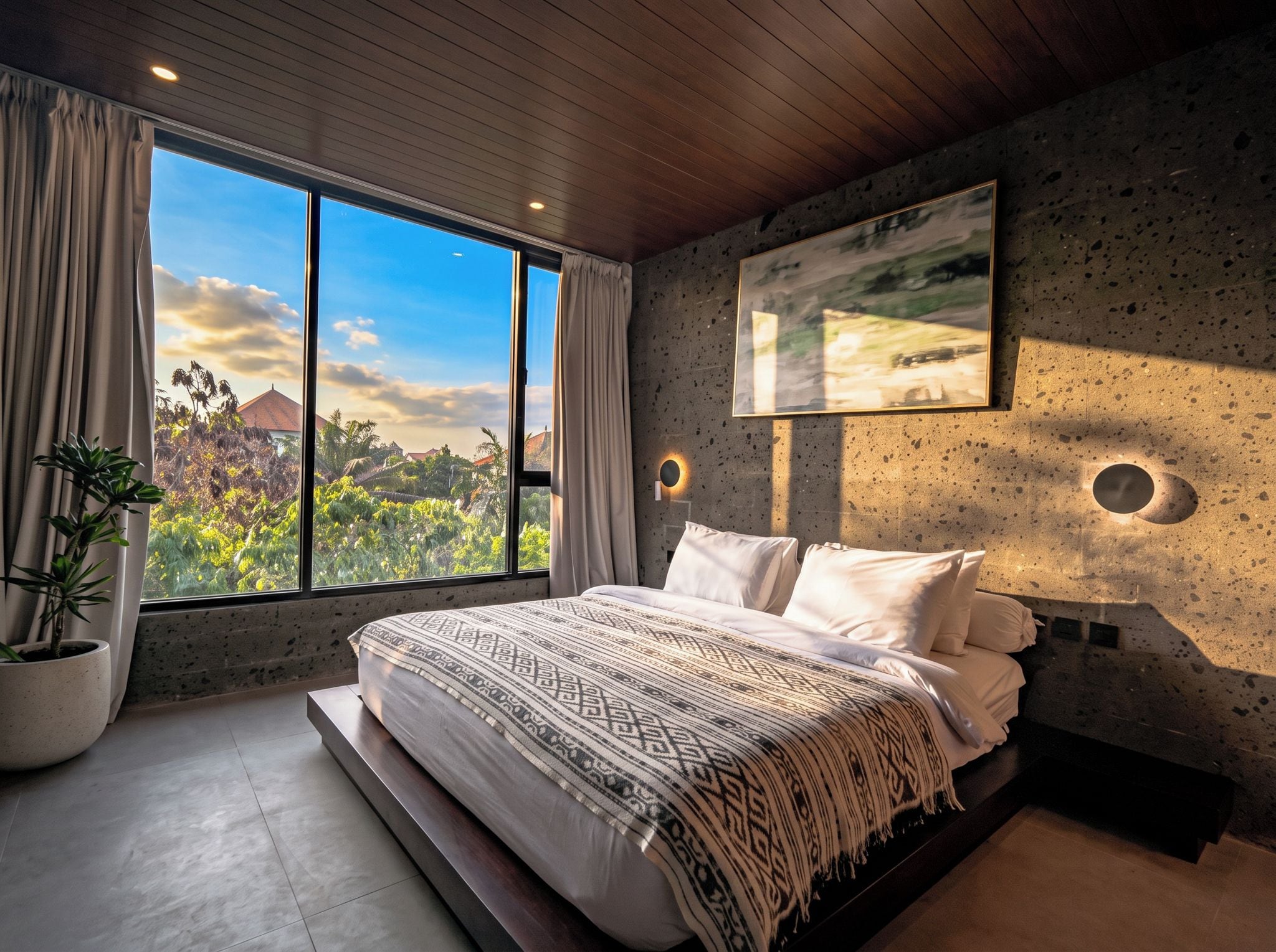 Quarto com uma janela ampla, cama com roupa de cama estampada, planta em vaso e luminária fixada na parede.
