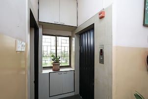 Um corredor estreito com uma janela, um vaso de planta, uma porta e um alarme de incêndio.