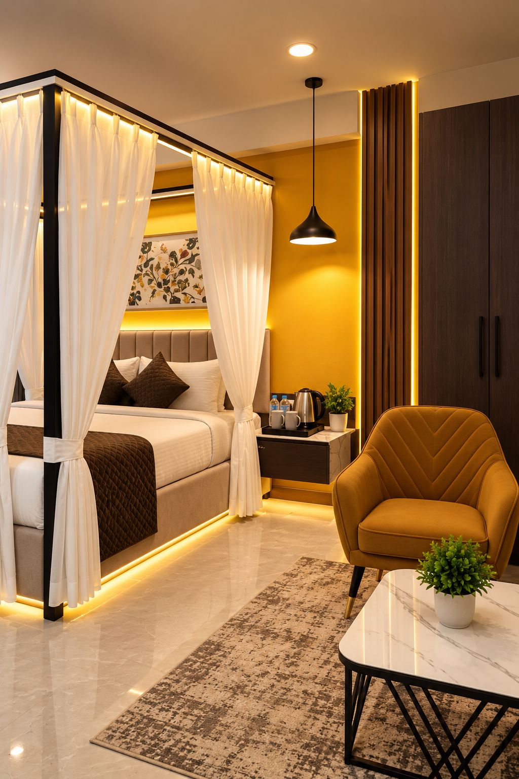 Um quarto moderno com cama de dossel, mesa de cabeceira e uma cadeira.