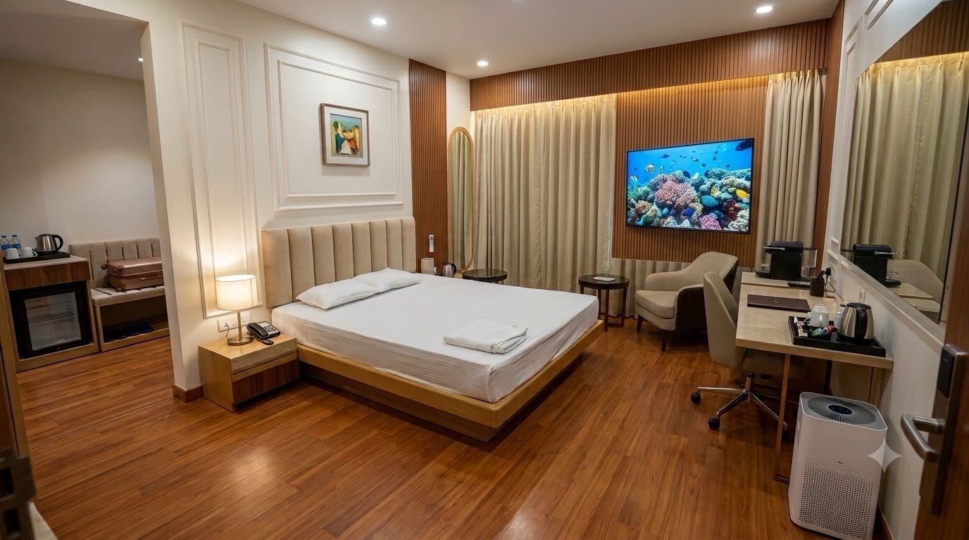 Quarto de hotel com cama, mesa de cabeceira, luminária, escrivaninha, cadeira, televisão e uma grande janela com cortinas.